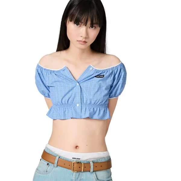 Miu Miu Checked Poplin Crop Top - Light Blue | Editorialist